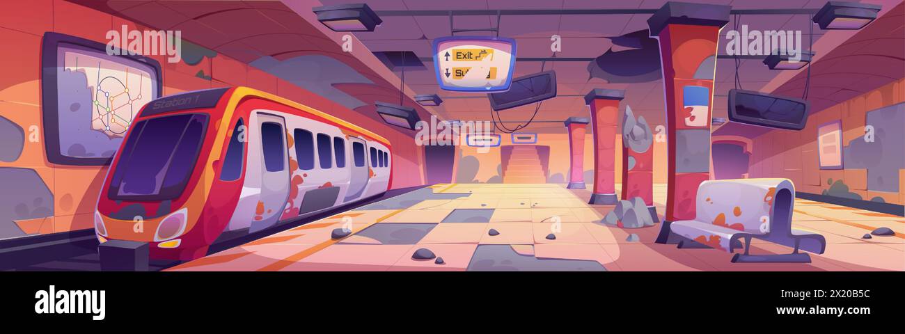 Abandoned subway station platform with broken train and equipment ...