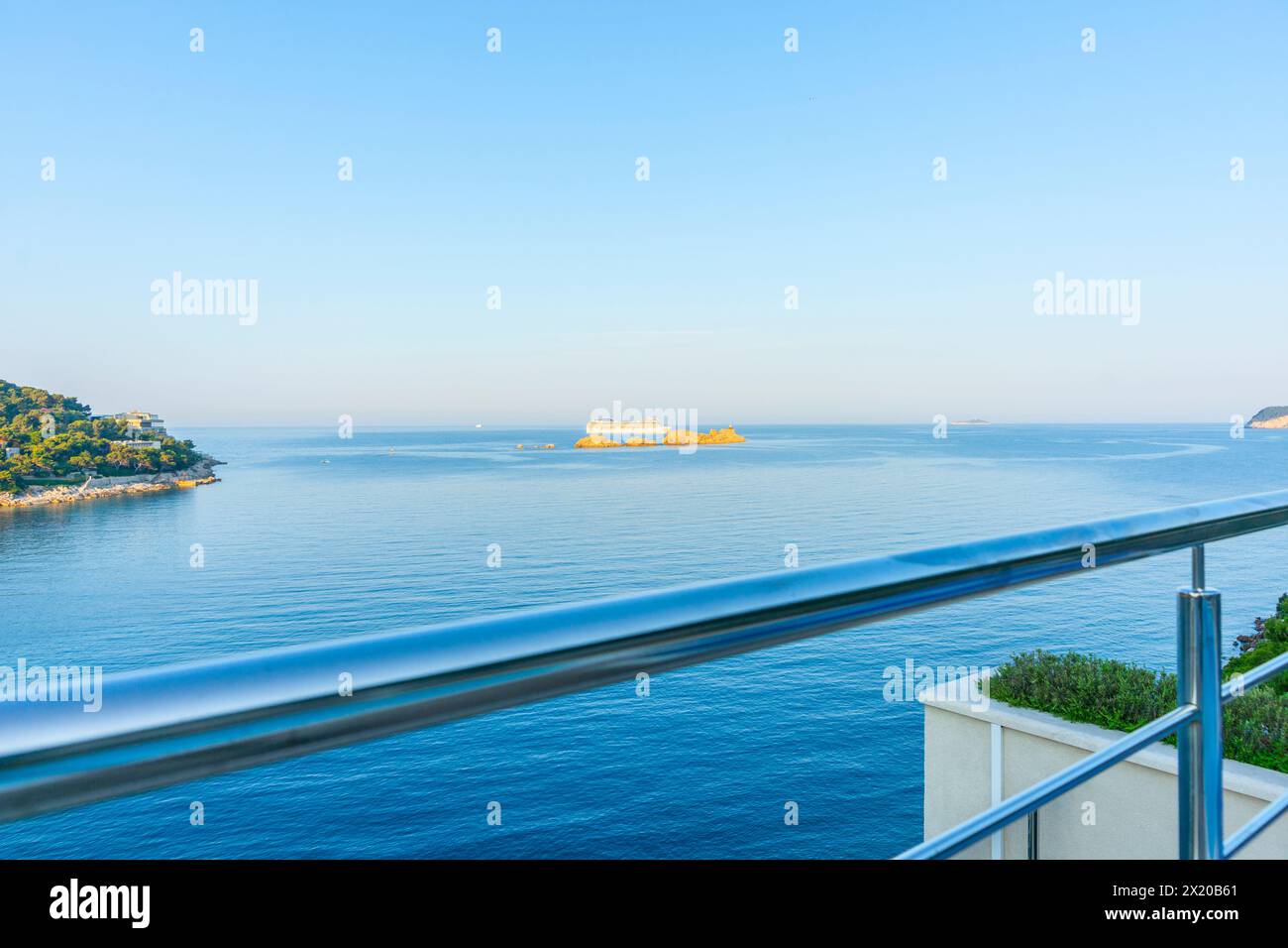 View from balcony railing across Mediterranean Sea as cruise ship ...