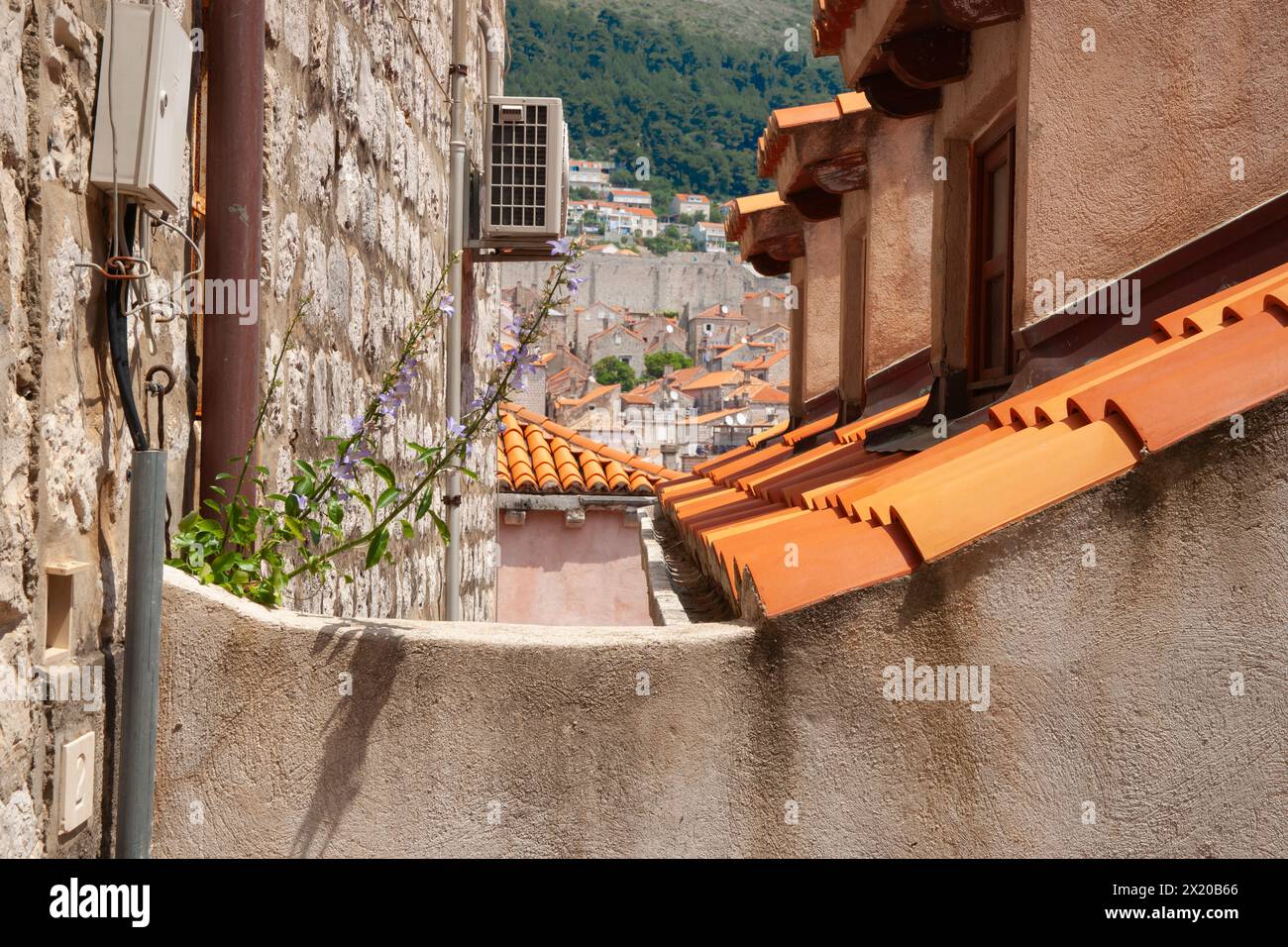 Hillside homes through view-shaft between apartment buildings and ...