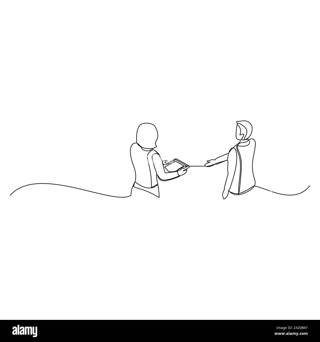 Businessman and businesswoman who holds a tab having a business ...