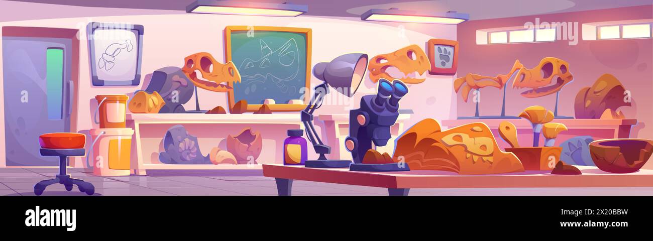 Archeology science lab interior with fossils. Vector cartoon ...