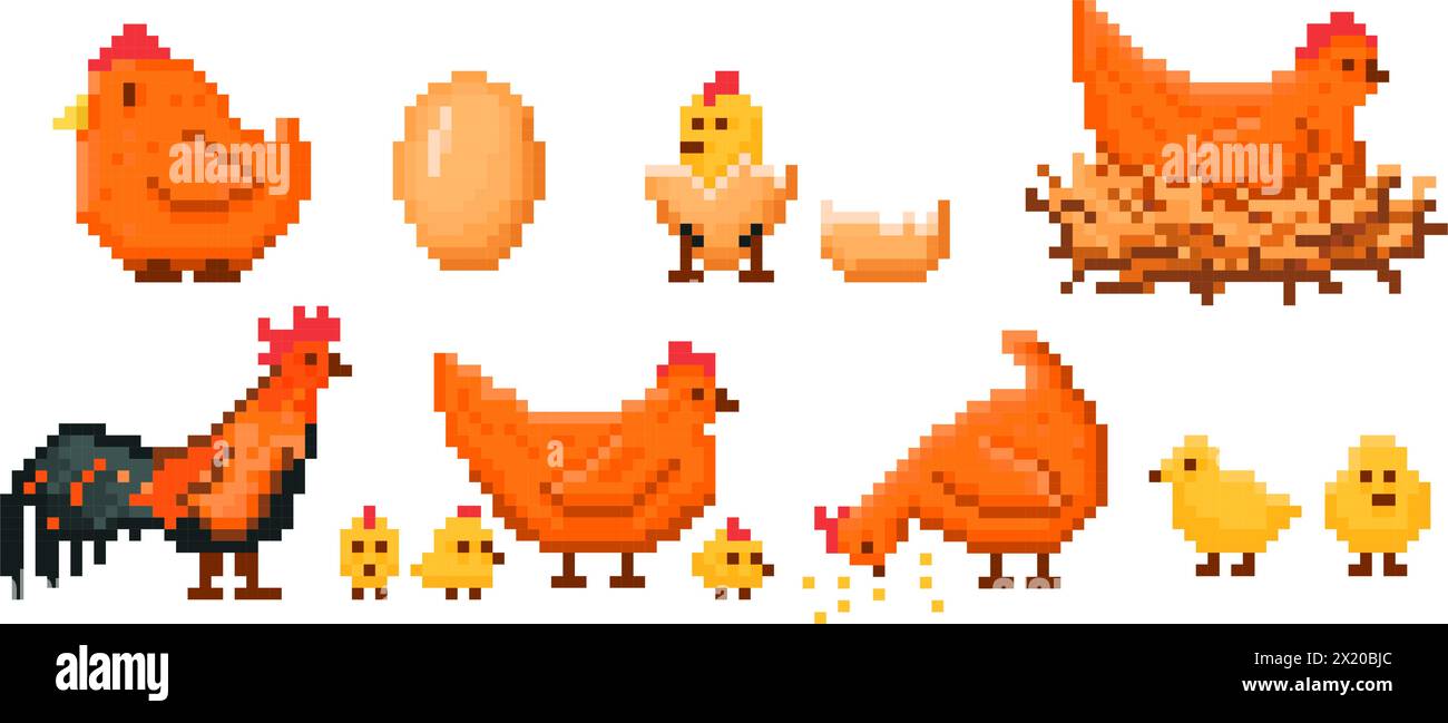 Farm chicken pixel art. Chick hatching from egg, hen on nest, rooster ...
