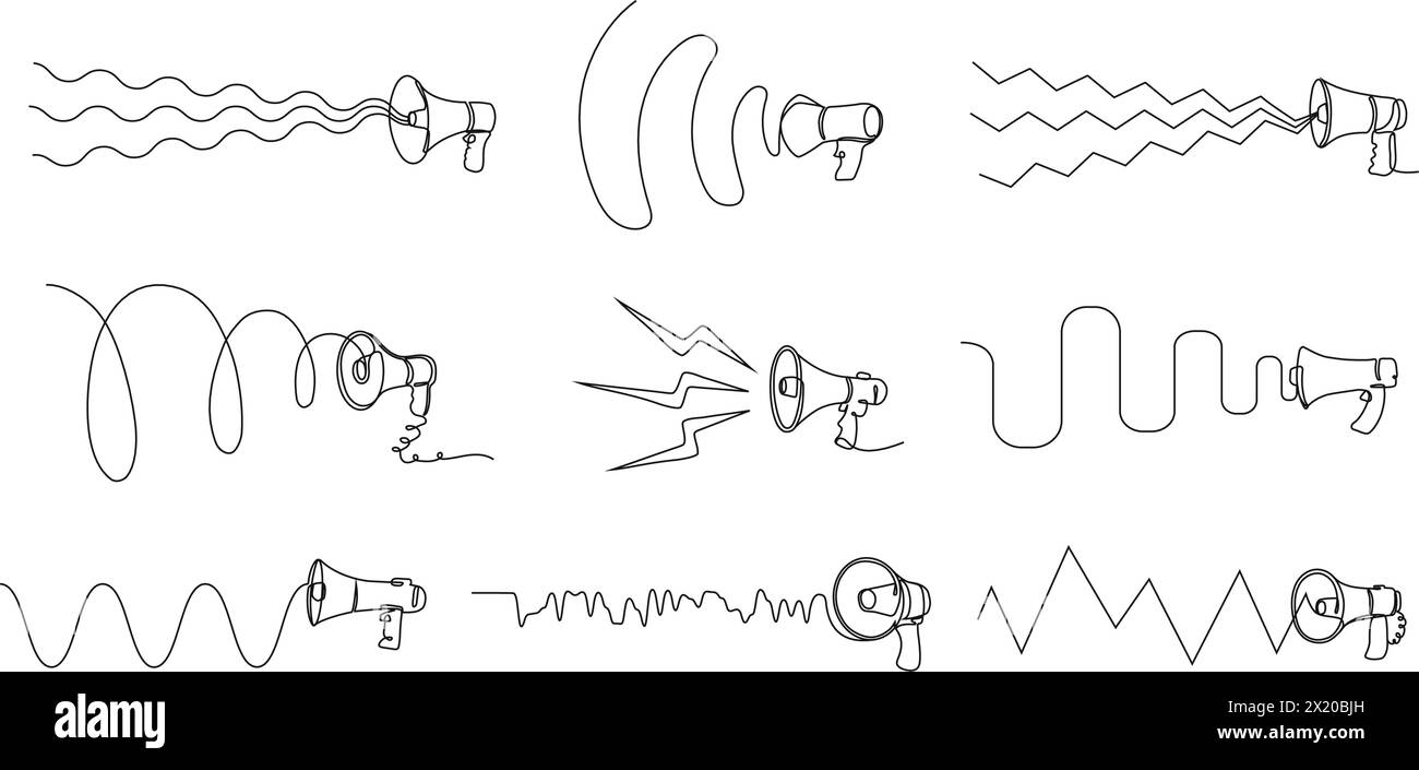 Continuous one line megaphone sound. Loudspeaker with audio waves, loud ...