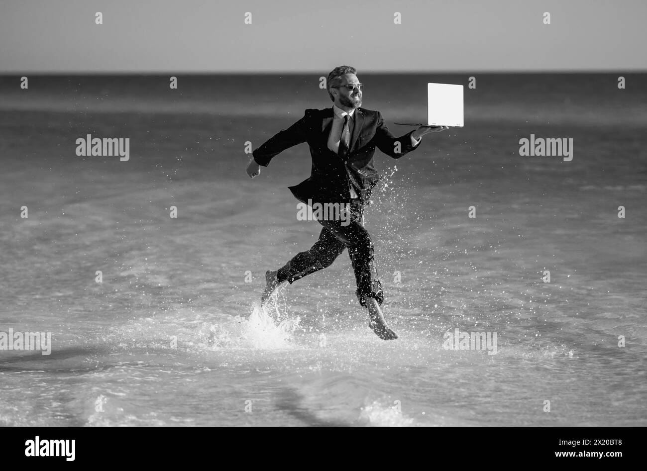 Funny business man in suit on sea. Summer vacation, business on sea ...