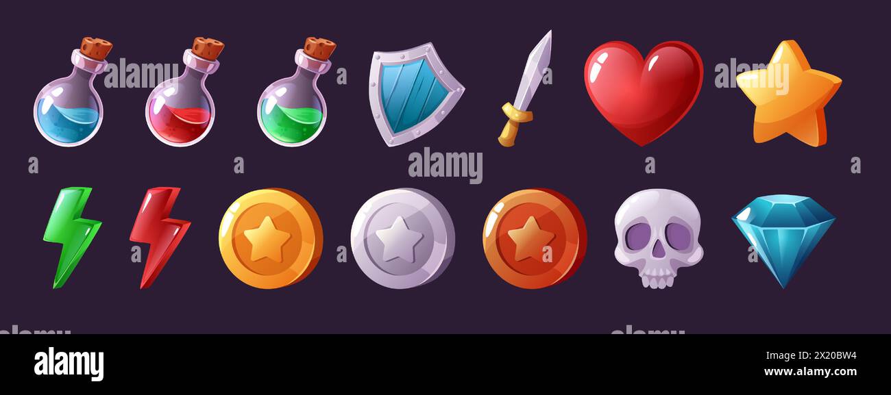 Cartoon game icons. Potion vials and magic elixirs, health heart and ...