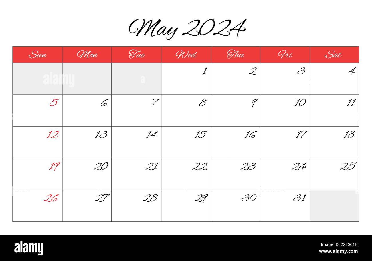 May 2024 ENGLISH month calendar. Vector printable illustration. Monthly ...