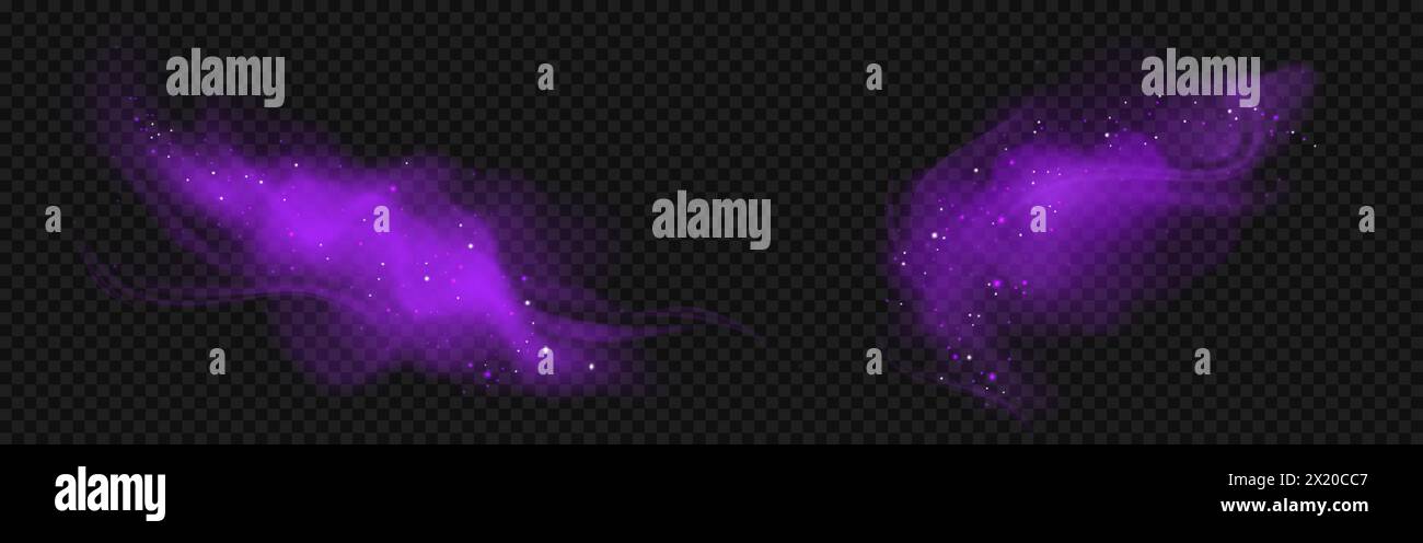Purple magic smoke effect with light and sparkle. Air breeze flow ...