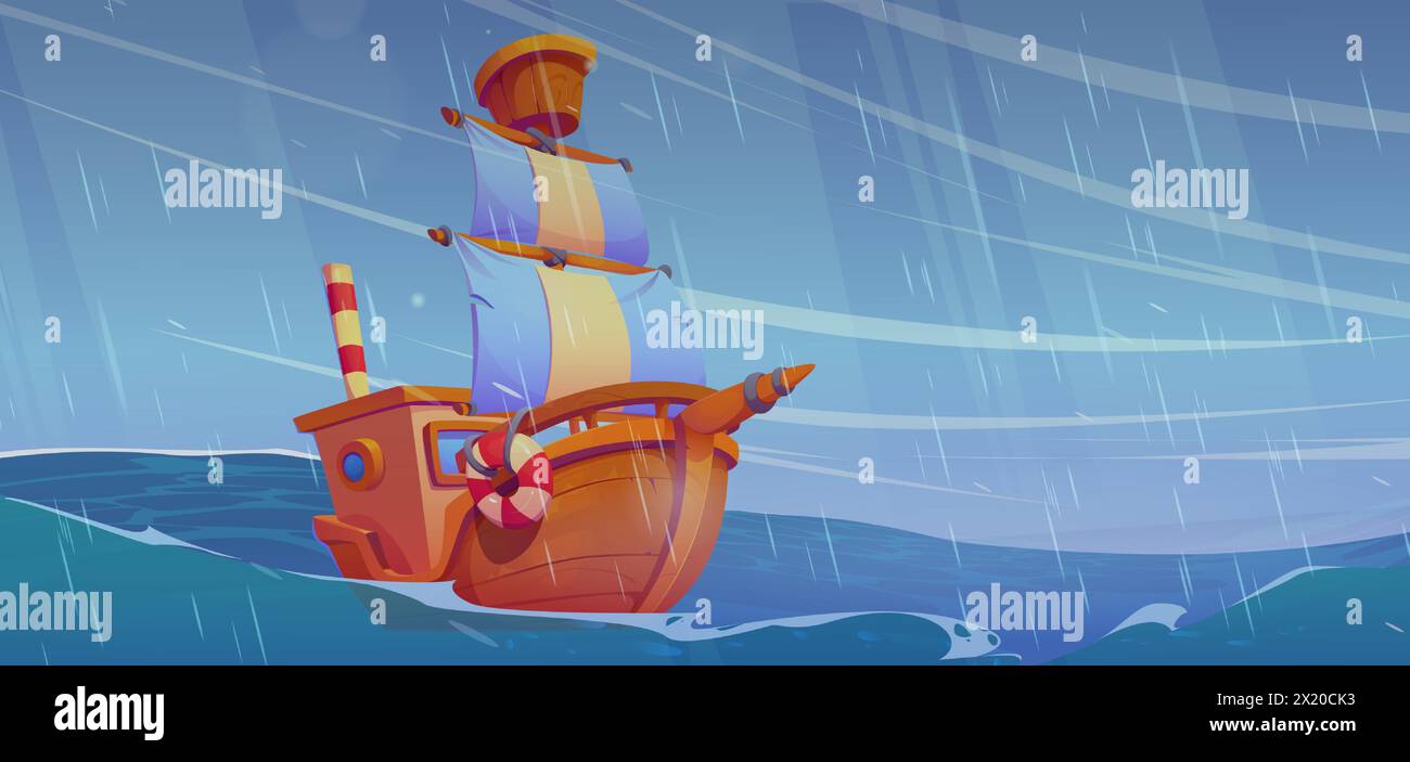 Boat in stormy sea with rain. Ship on ocean wave. Dark sky and big ...