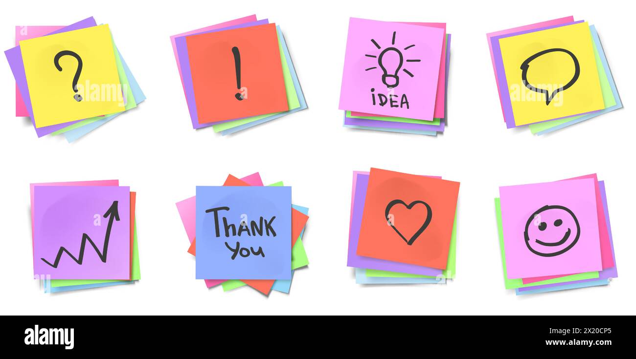 Sticky note messages. Stacked colorful adhesive notes, reminder pads ...