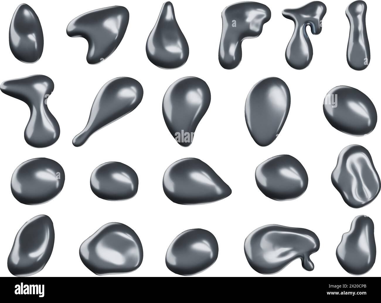 Liquid chrome elements. Melted metal shapes, abstract silver droplets ...