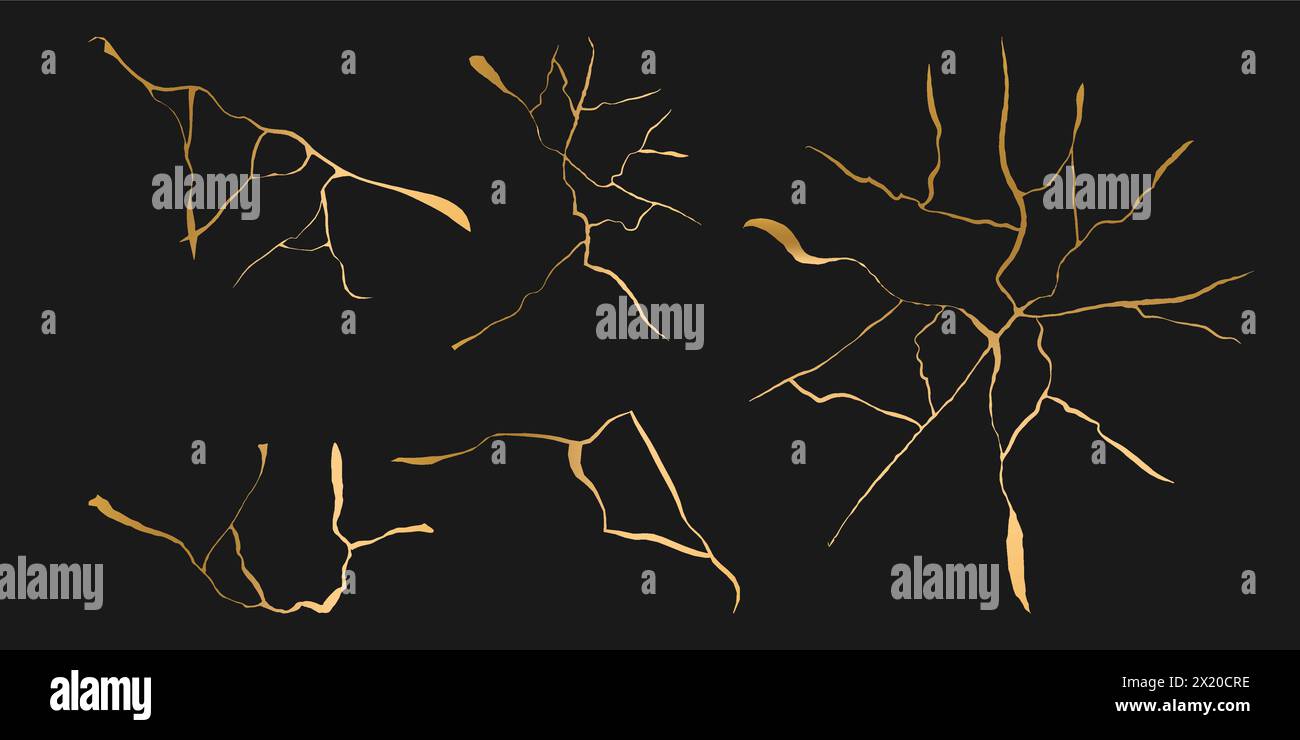Gold kintsugi. Crack vector isolated elements on white backdrop. Golden ...