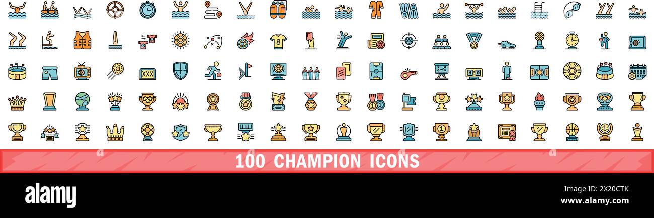 100 champion icons set. Color line set of champion vector icons thin ...