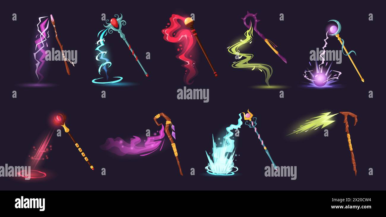 Magic sticks with effects. Wizard wand casting spell, magical power ...