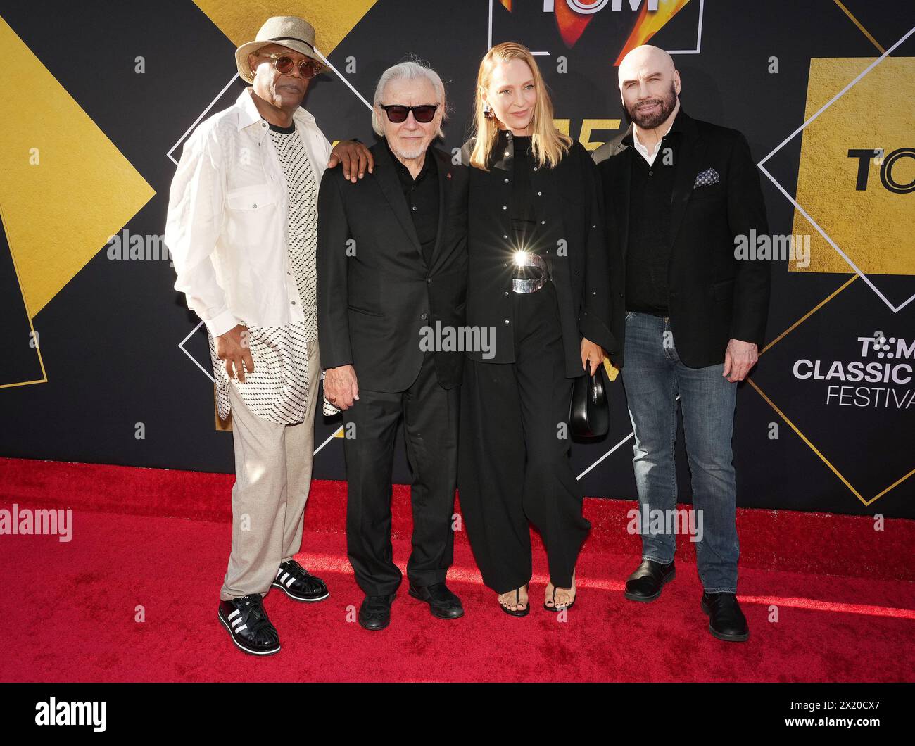 (L-R) Samuel L. Jackson, Harvey Keitel, Uma Thurman and John Travolta ...