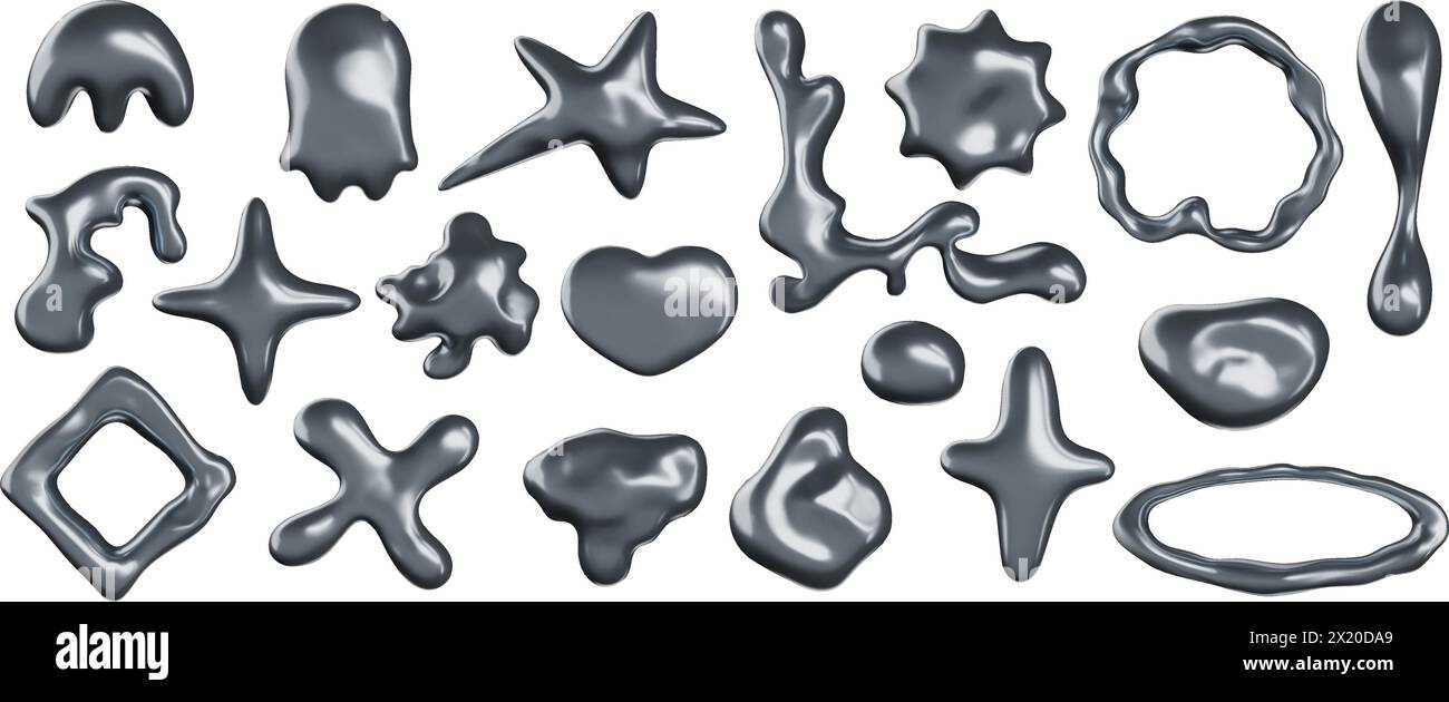 Abstract liquid metal shapes. Metallic shapes and chrome blobs, glossy ...