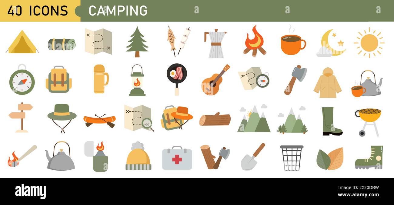 Vector set of camping equipment symbols, icons and elements. Summer ...