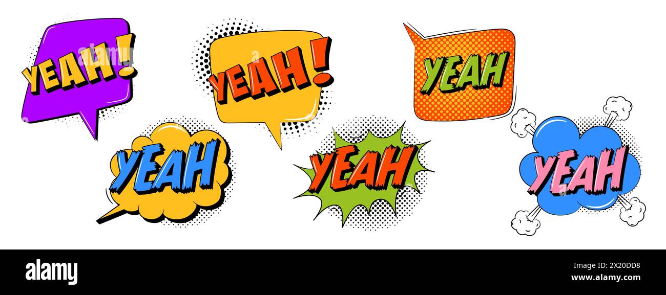 Speech bubble set in trendy retro style. YEAH text. Comic sound effects ...