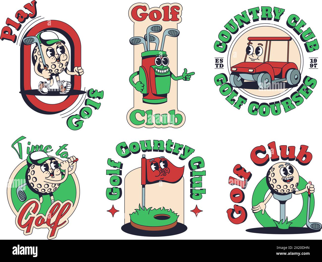 Cartoon Golf mascot print templates. Golf club emblems with ball, bag ...