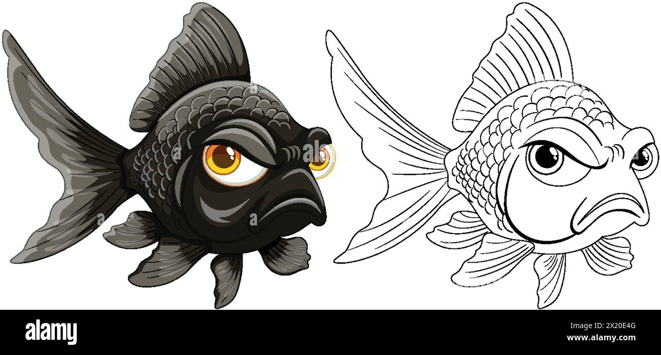 Color and black-and-white illustrations of a grumpy fish Stock Vector ...
