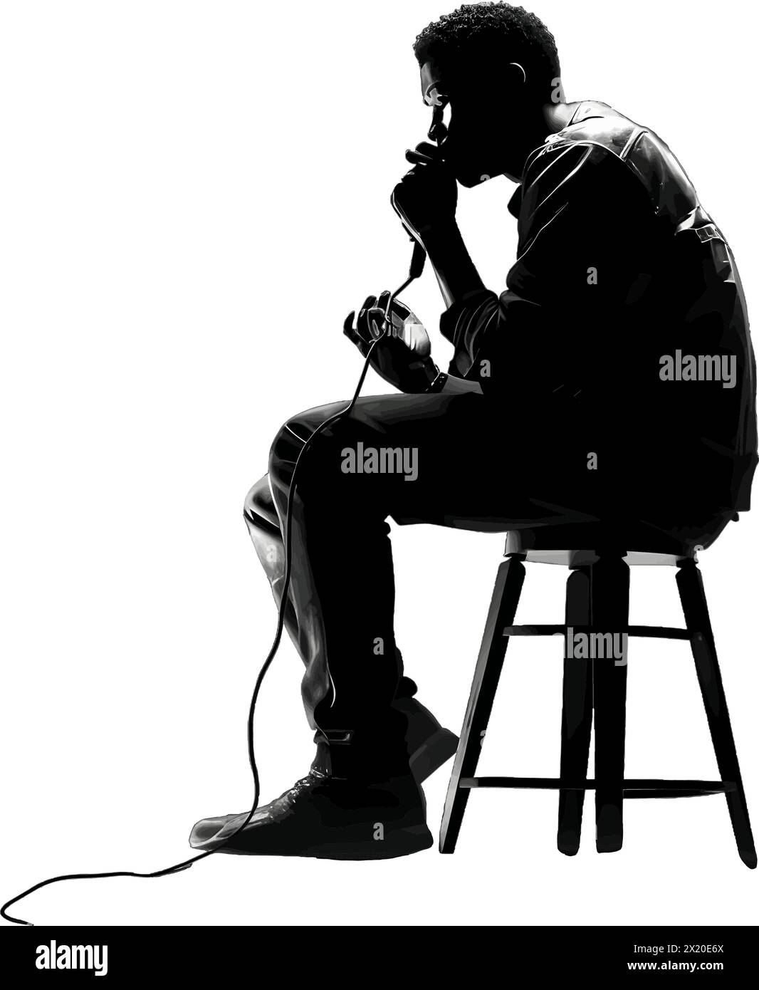 Vector illustration of a sitting boy with a microphone in black ...