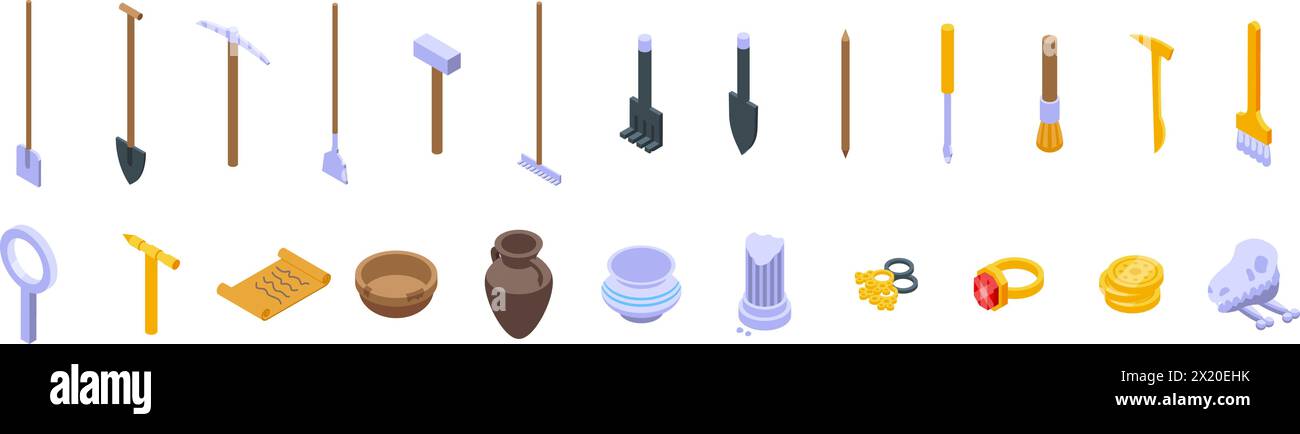 Excavation tools icons set isometric vector. Ancient inventory. Antique ... Excavation tools icons set isometric vector. Ancient inventory. Antique ...
