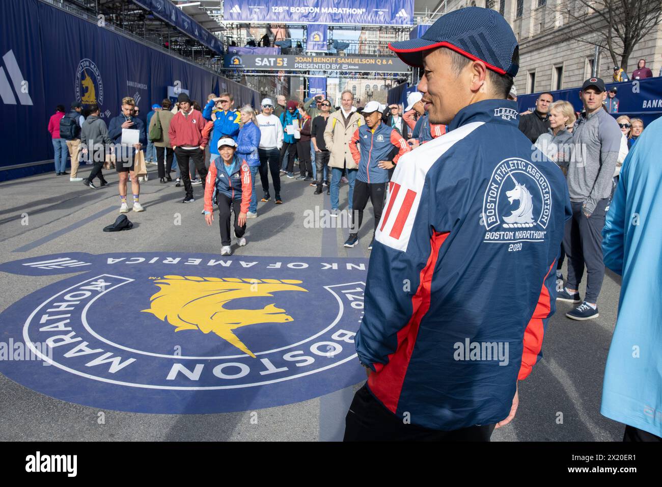 Boston, Massachusetts, USA April 15, 2024 The finish line of the 128 ...