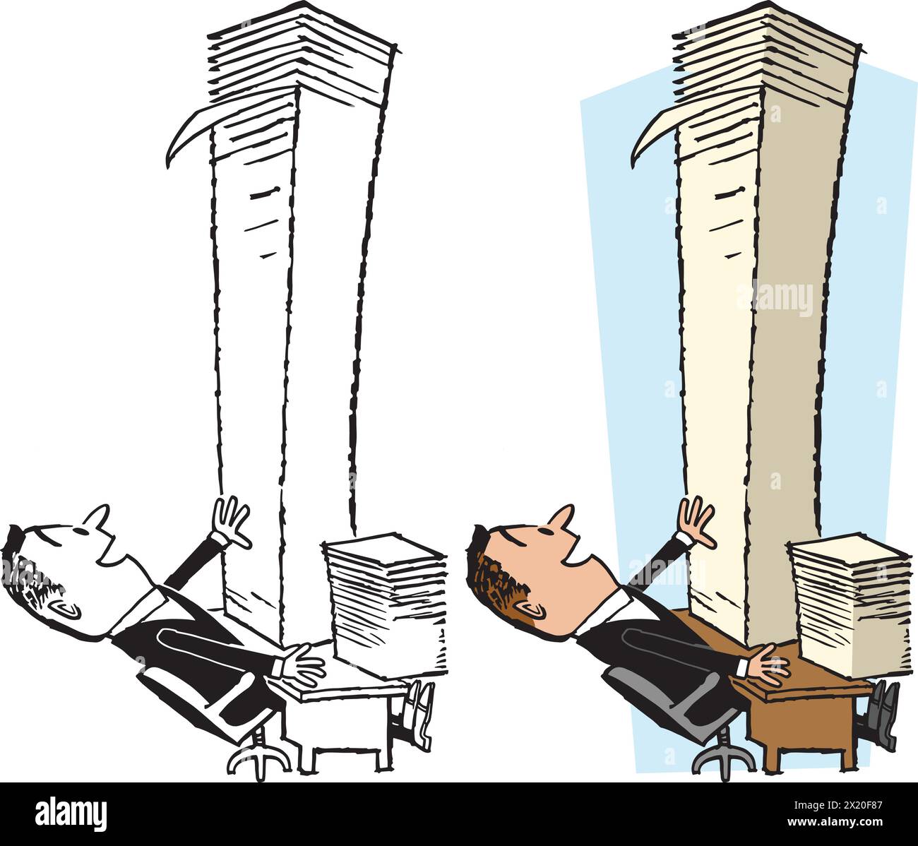 A vintage retro cartoon of a businessman with a huge pile of paperwork ...