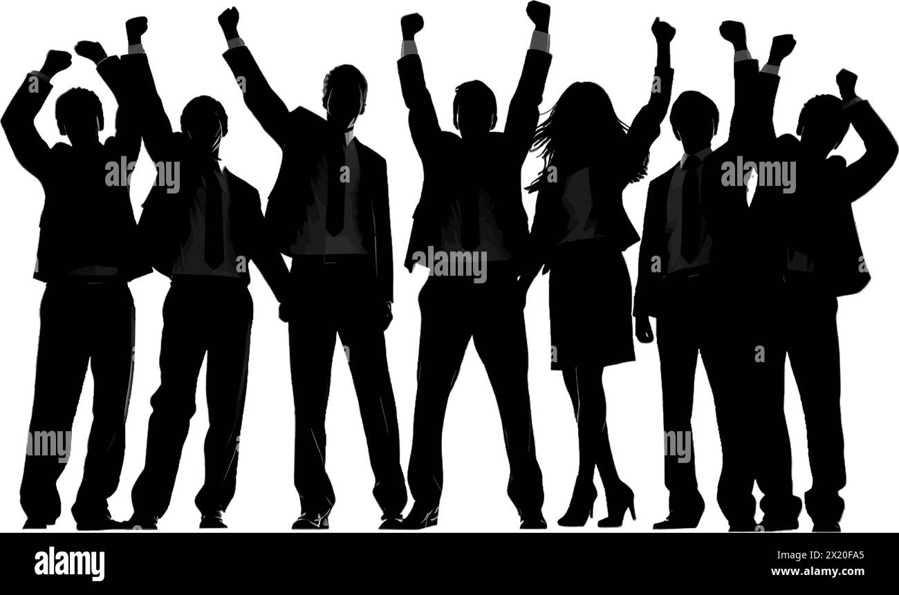 Vector illustration of cheering people in black silhouette against a ...