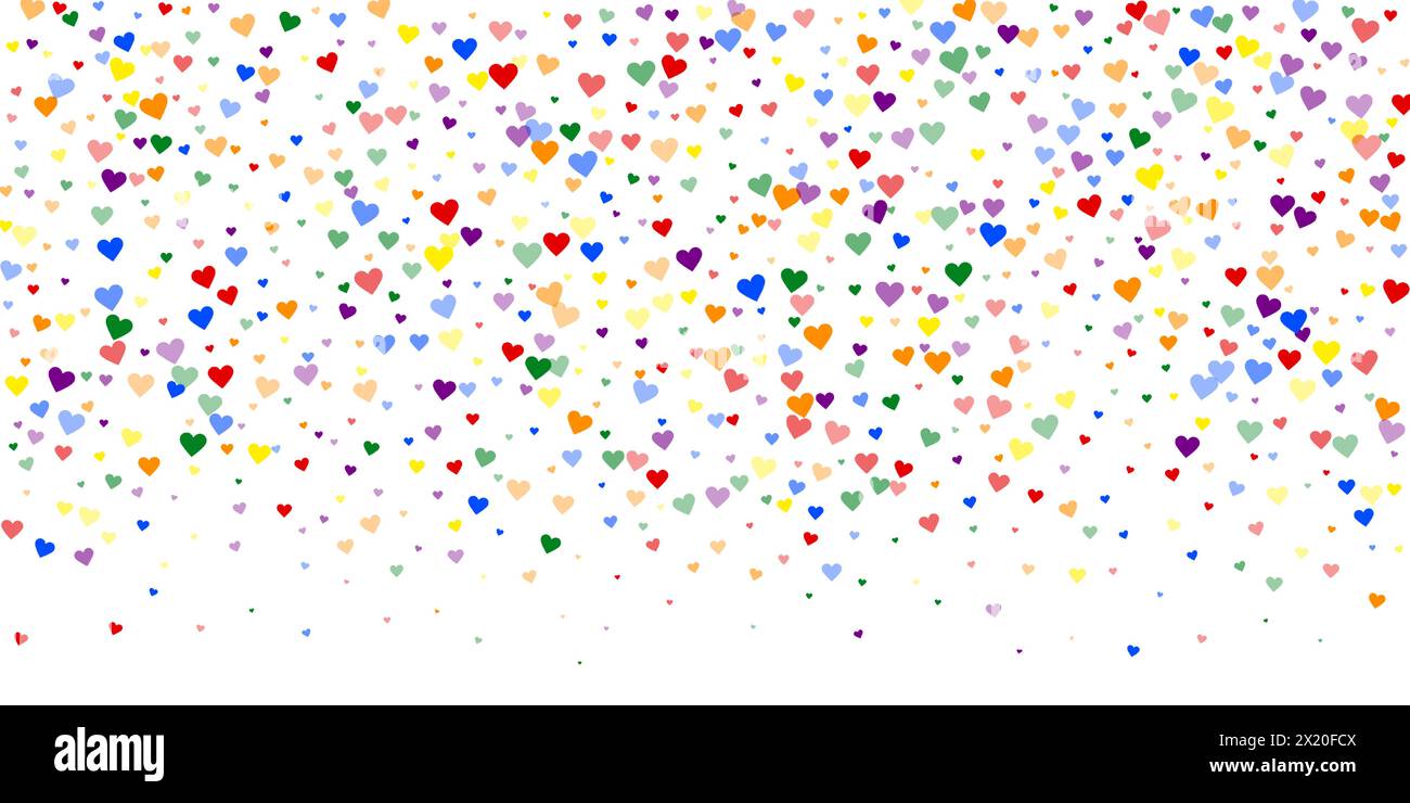 Valentine hearts, flying, falling down, floating. Rainbow colored scattered hearts. LGBT ...