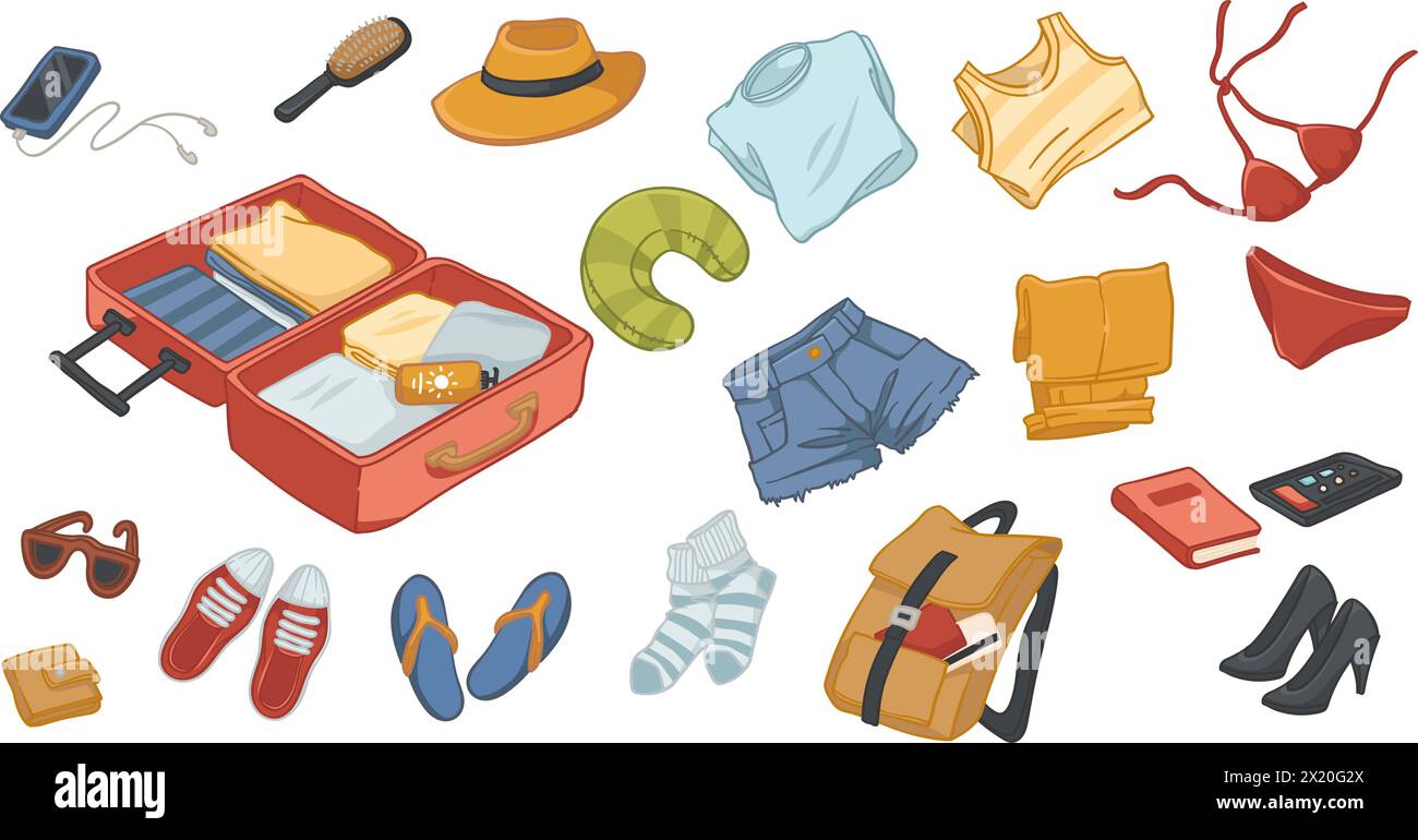 Vibrant Travel Packing Essentials vector Stock Vector Image & Art - Alamy