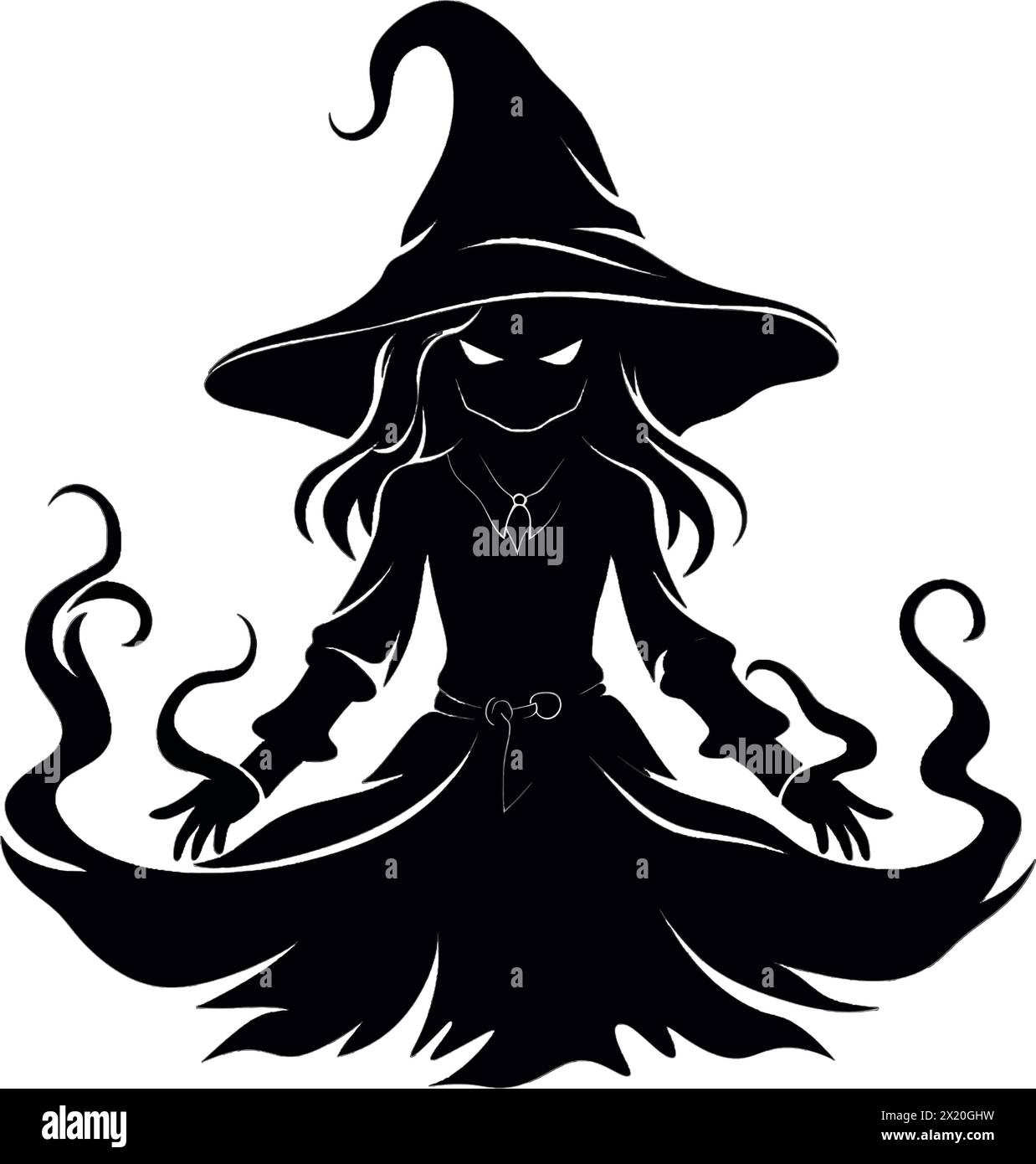 Vector illustration of a witch in black silhouette against a clean ...
