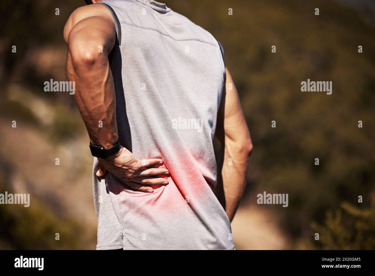 Man, runner and back pain in nature, injury and hurt outdoors on ...
