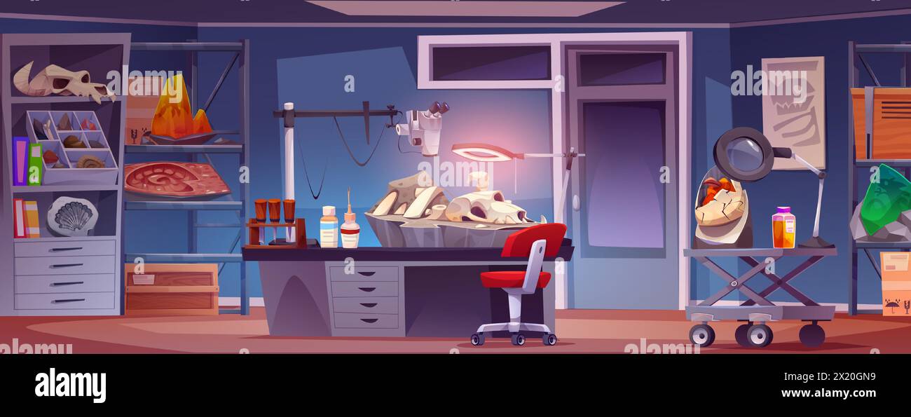 Archeology lab interior with fossils. Vector cartoon illustration of ...