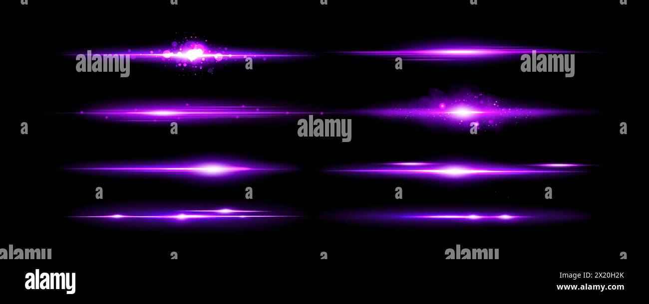 Purple light lines set isolated on black background. Vector realistic ...