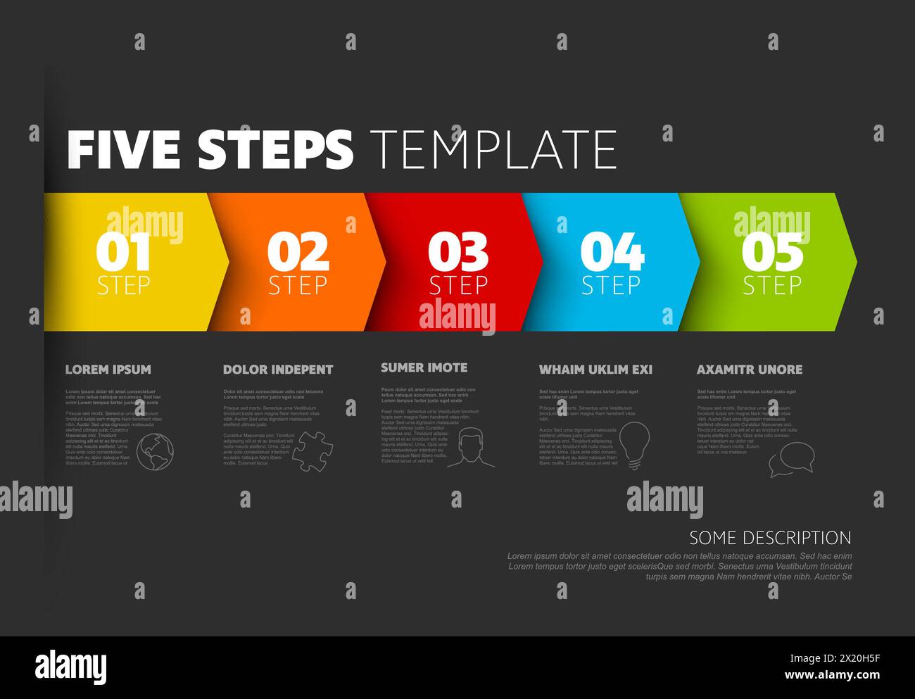 Five steps progress procedure infochart template with descriptions icons titles and big numbers ...