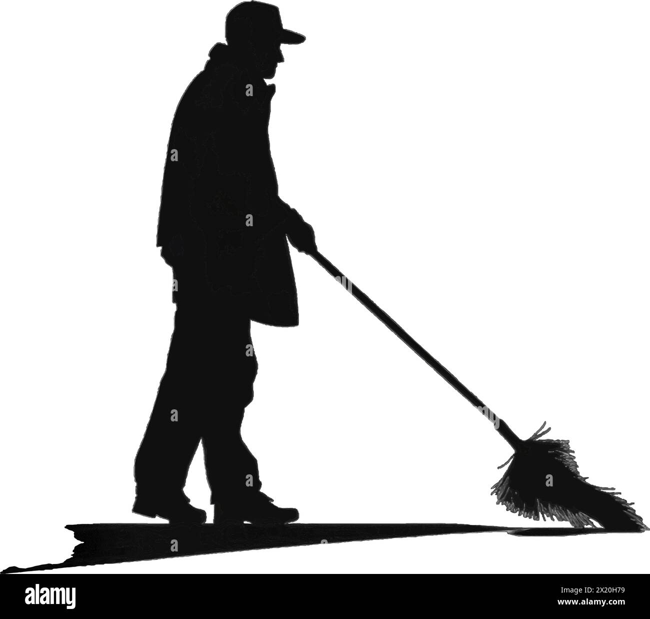 Vector illustration of a man with a broom in black silhouette against a ...