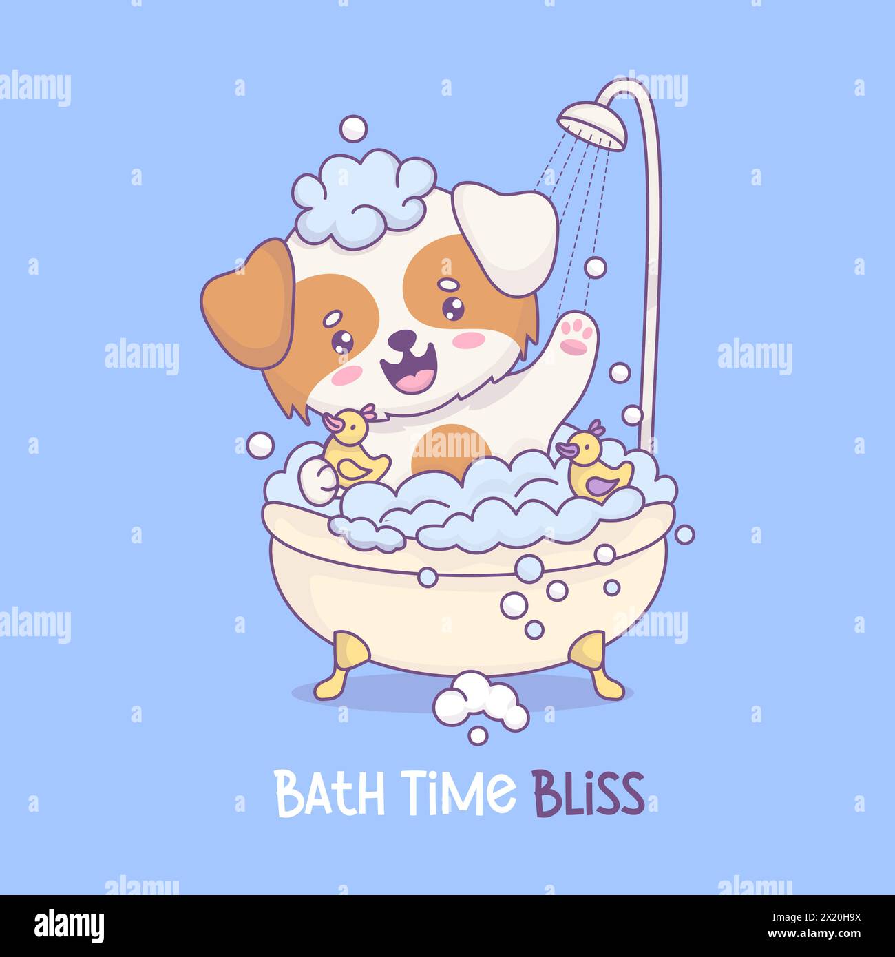 Funny smiling dog bathes in bath with foam and rubber duck toys. Cute ...