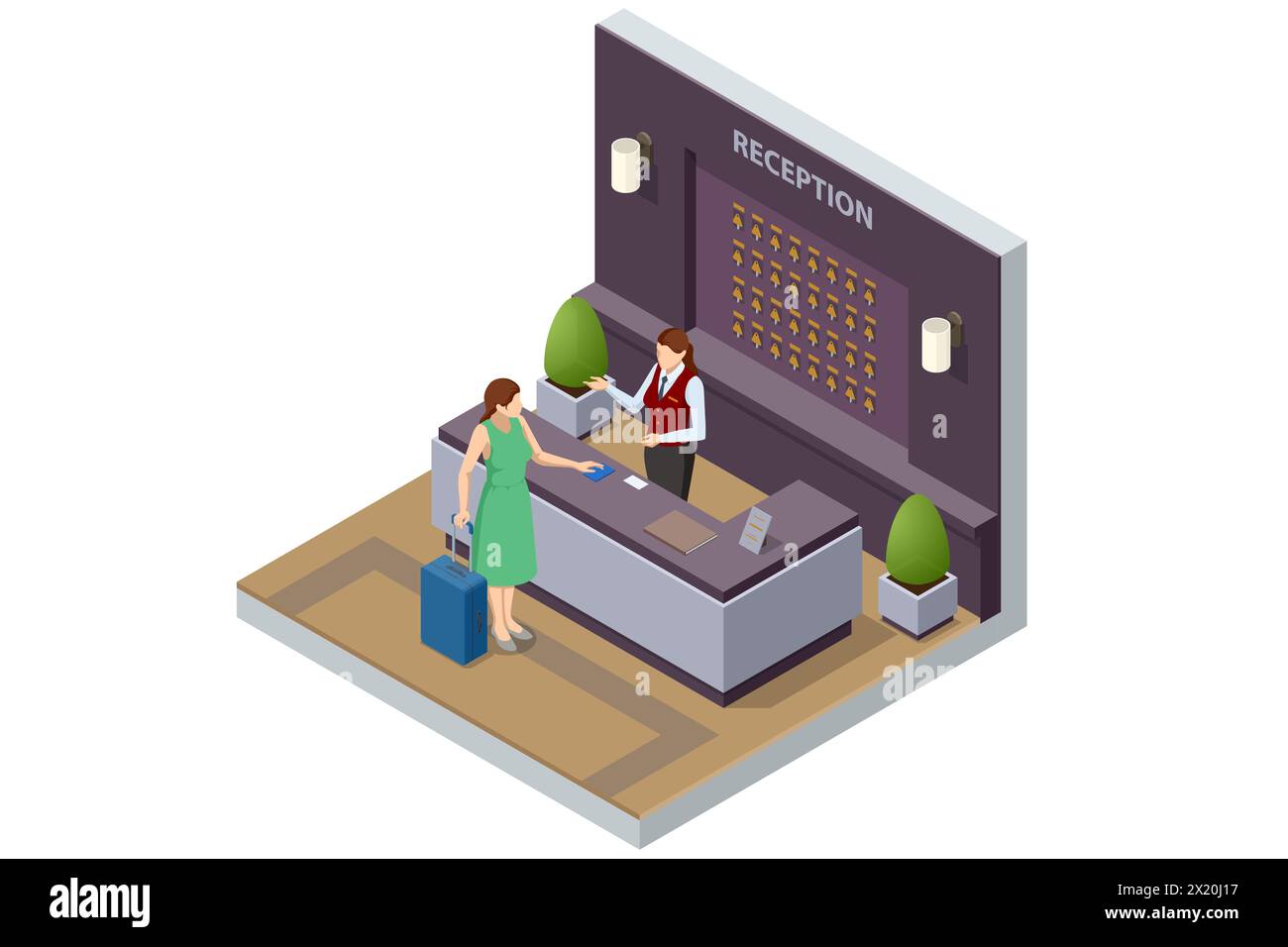 Isometric Hotel Reception Interior. Reception Desk. Young Woman ...