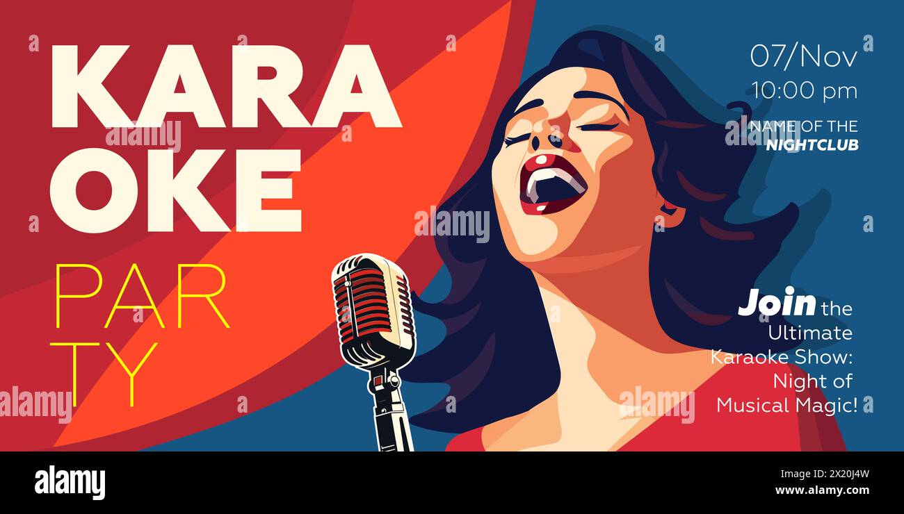 Karaoke party show horizontal banner. Music night club festival drawing ...