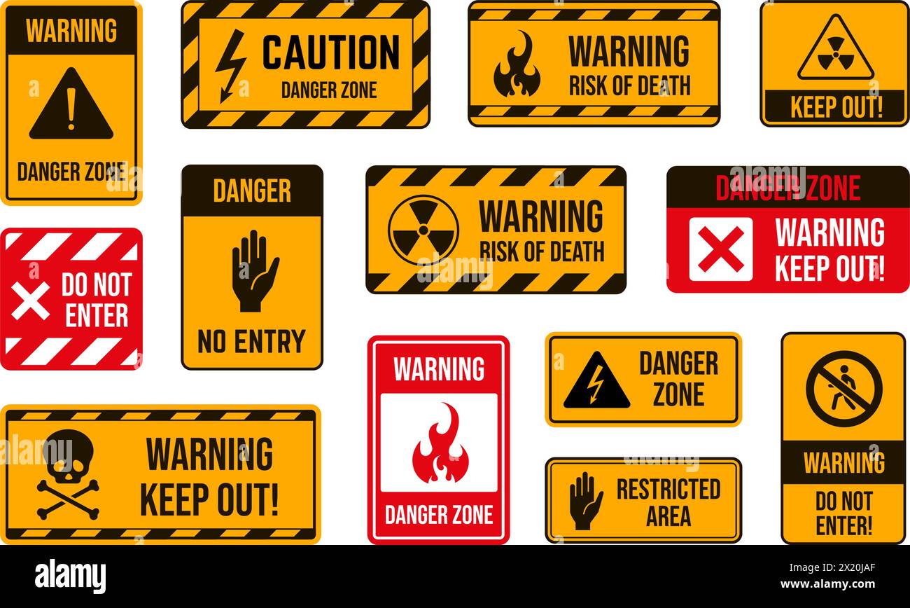 Danger area warning signs. Caution keep out symbol, electrical hazard ...