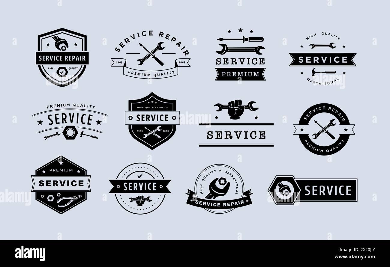 Repair service emblem. Vintage mechanic badges and workshop labels ...