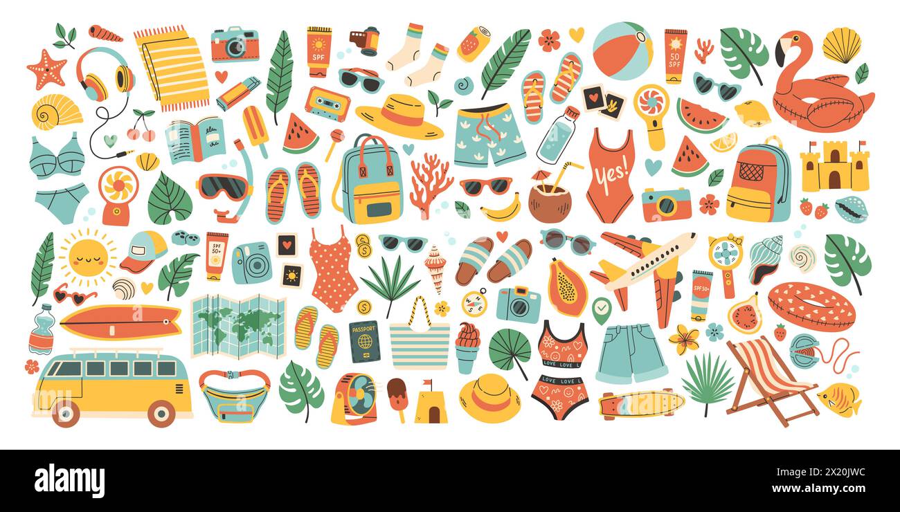 Summer big set for sticker. Icons, signs, banners. Bright summertime ...