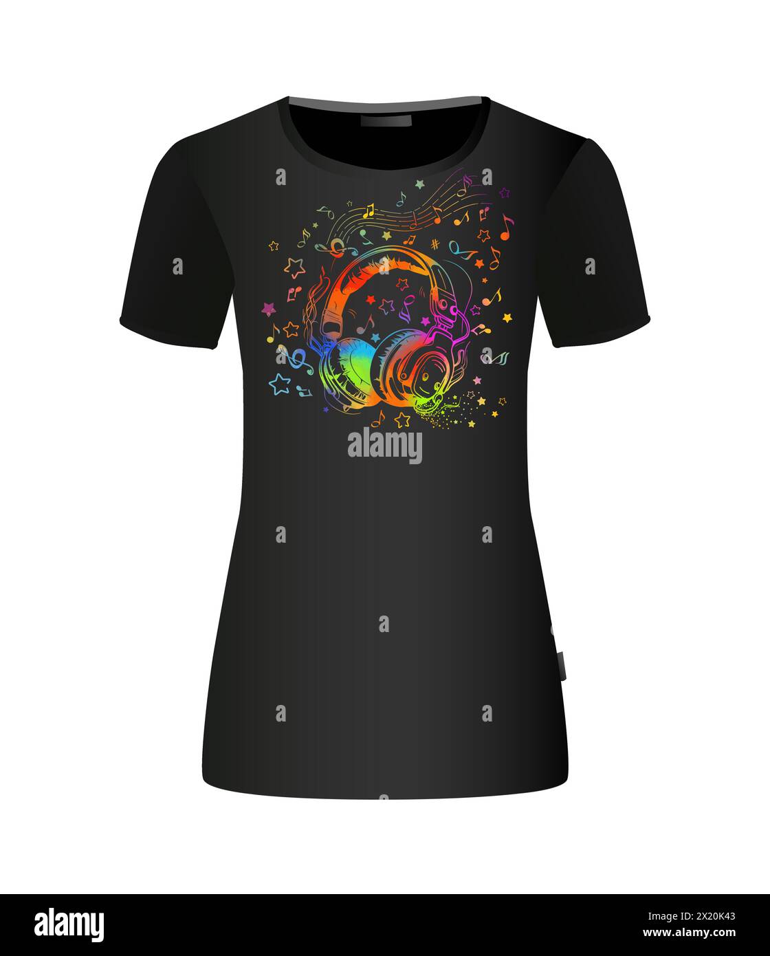 Music design on a T-shirt. Abstraction colored music. Headphones and ...