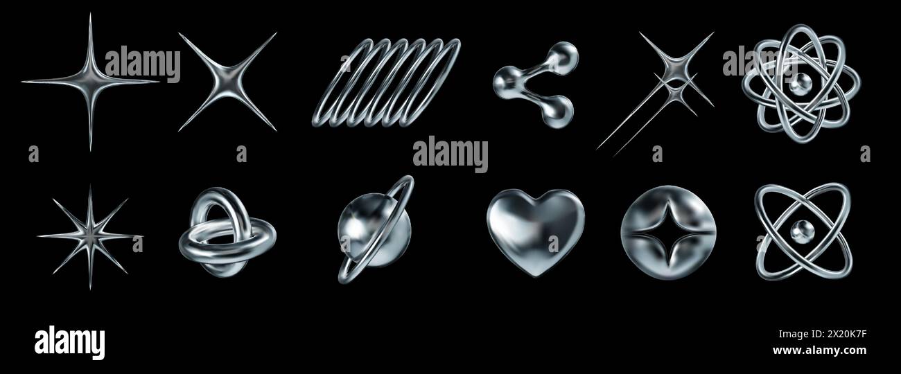 Liquid chrome y2k icons. Abstract shiny metallic shapes star rays ...