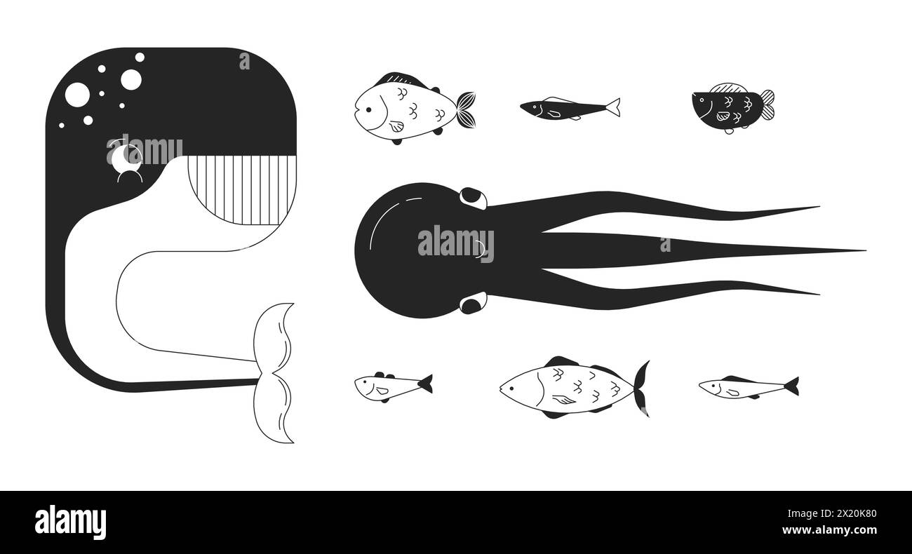 Deep sea creatures black and white 2D line cartoon characters set Stock ...