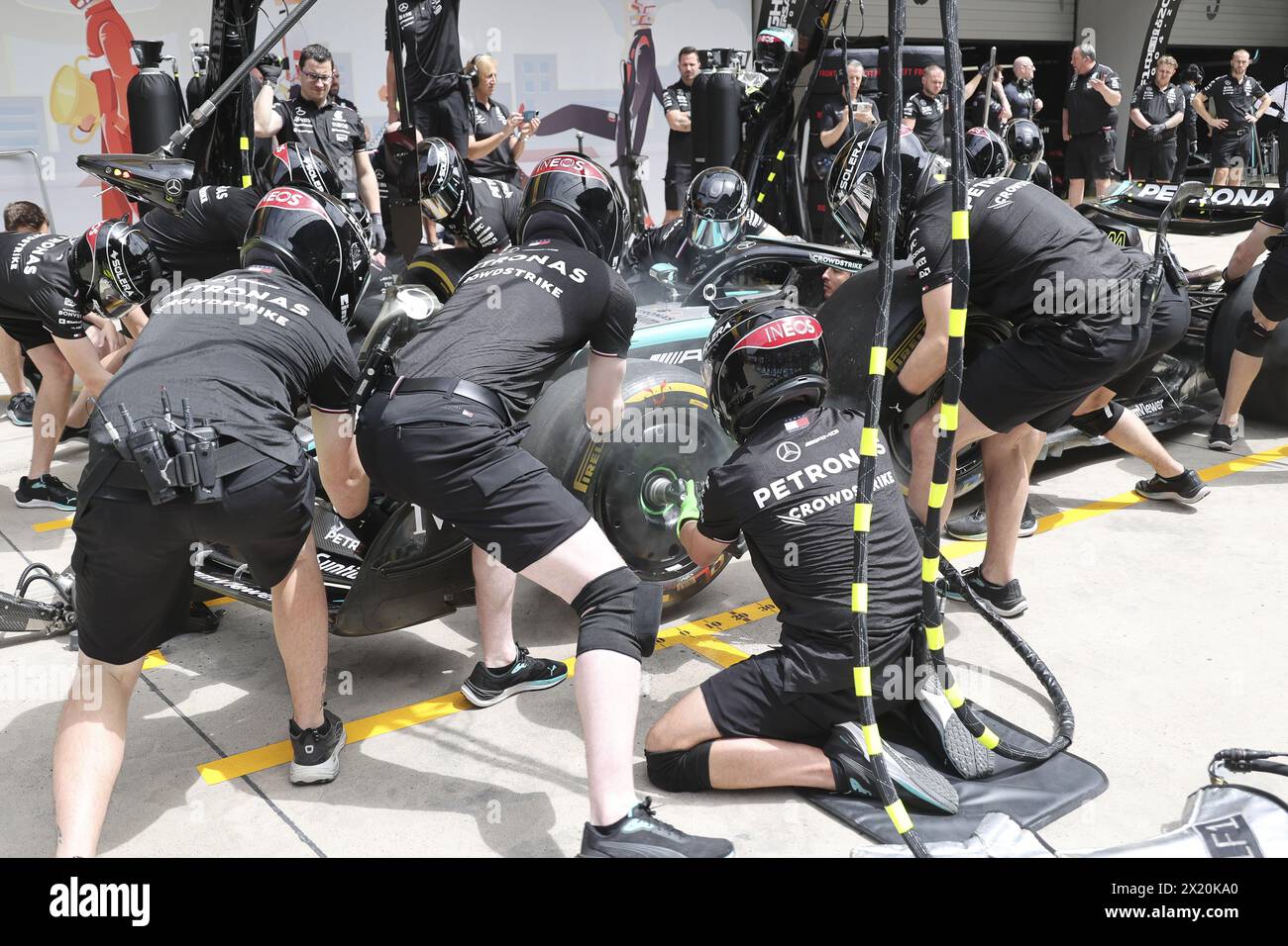 Shanghai, China, 19/04/2024. Mercedes AMG F1 Team pits stop practice during the Formula 1 Lenovo ...