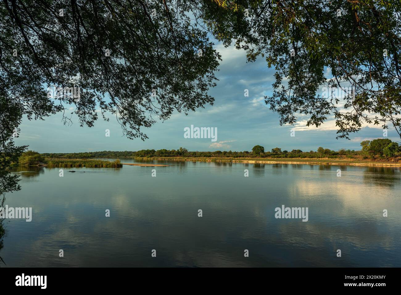 Landscape view on the banks of the Okavango River, Caprivi, Namibia ...