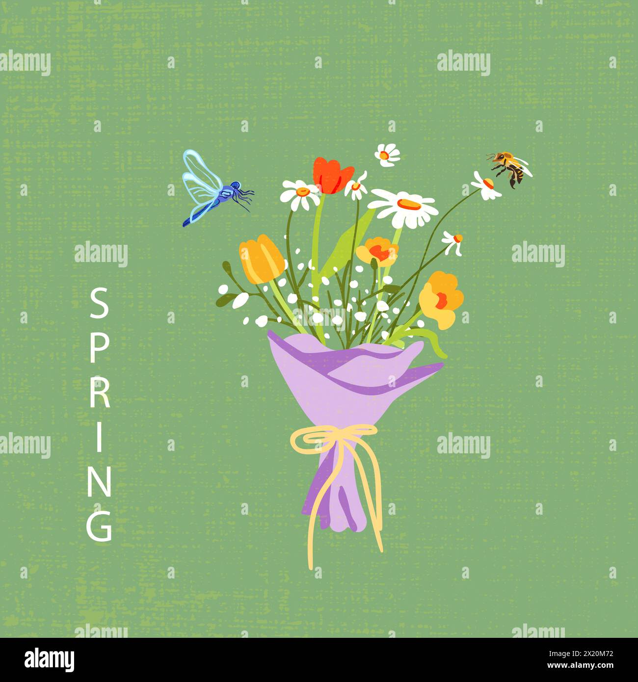Wildflowers Bouquet Paper Packaging Textured Green Background Dragonfly Bee Daisies Tulips