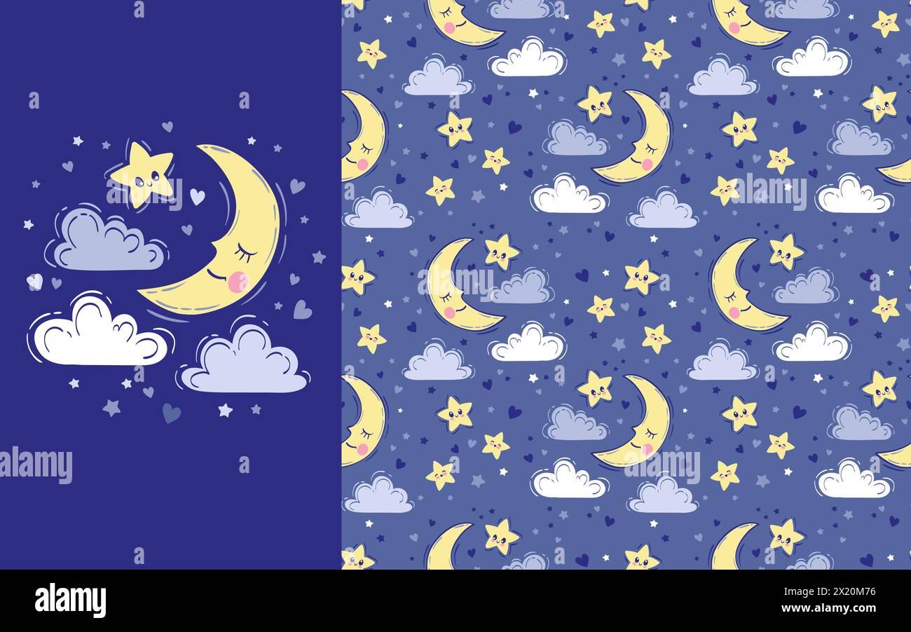 Vector Hand Drawn Seamless Pattern Cute Background With Sleeping