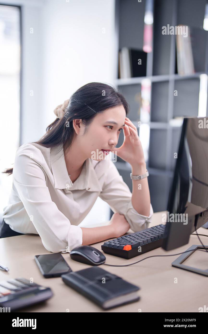 Investor businesswoman headache and stressed while reading business ...